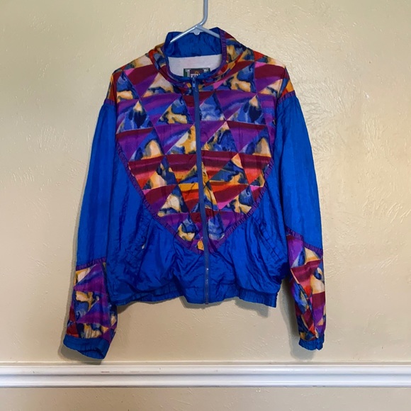 Kuma | Jackets & Coats | Vintage 8s 90s Wind Suit Jacket Blue Multi ...